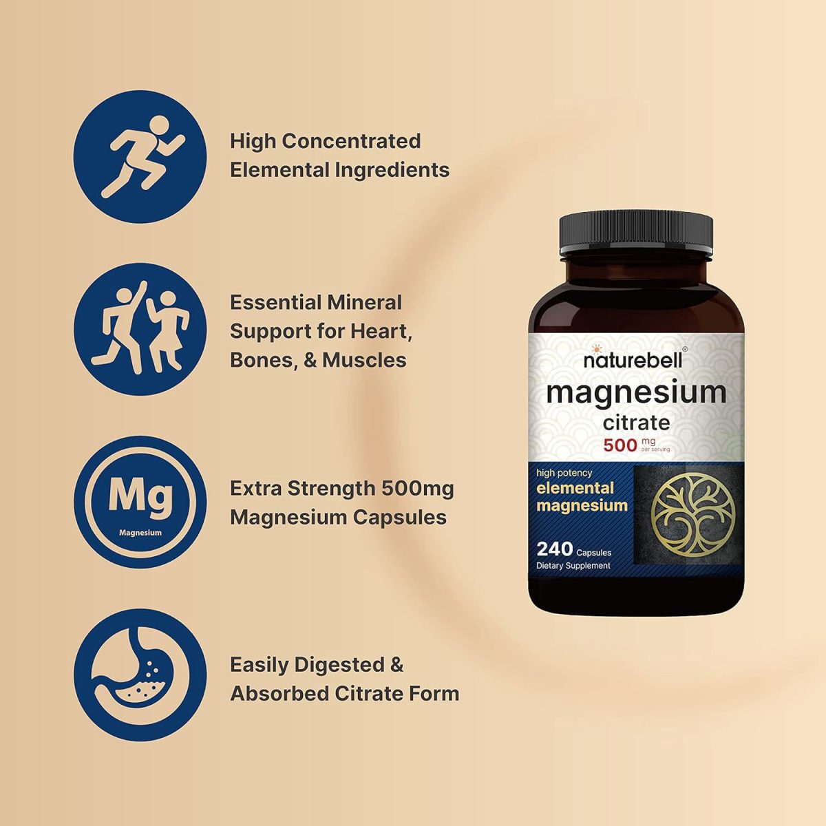 NatureBell Pure Magnesium Citrate 500mg - 240 Capsule - SKINCARE SHOP