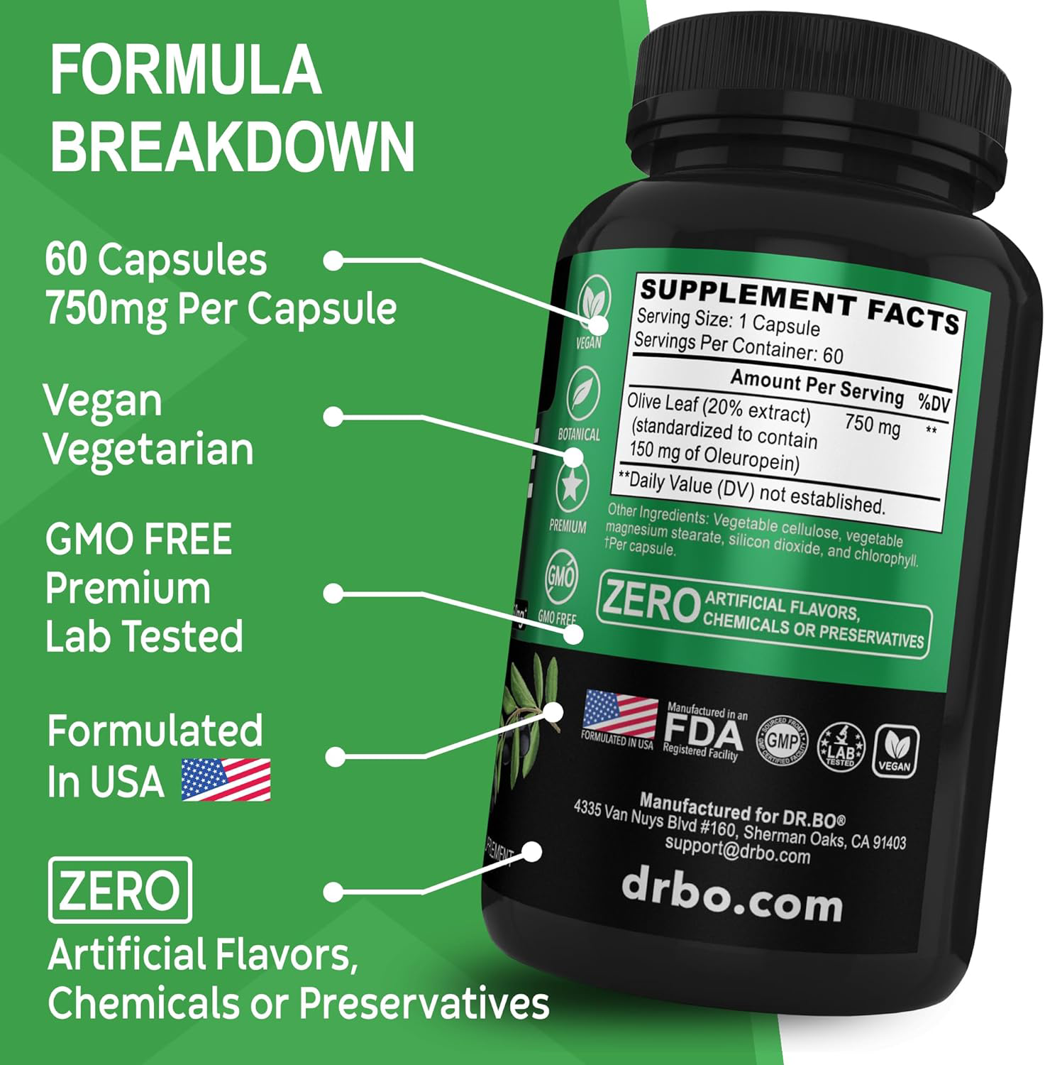 Dr.bo Olive Leaf Extract 750mg - 60 Capsules - SKINCARE SHOP