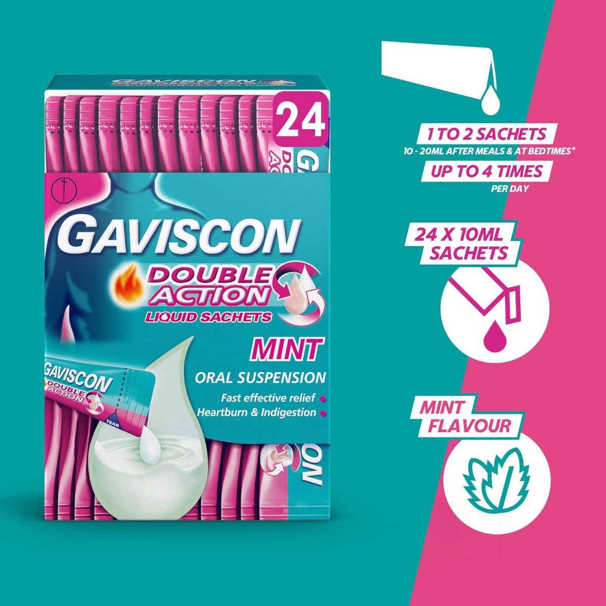 Gaviscon Double Action Liquid Sachets 24 X 10ml Mint Flavor - SKINCARE SHOP